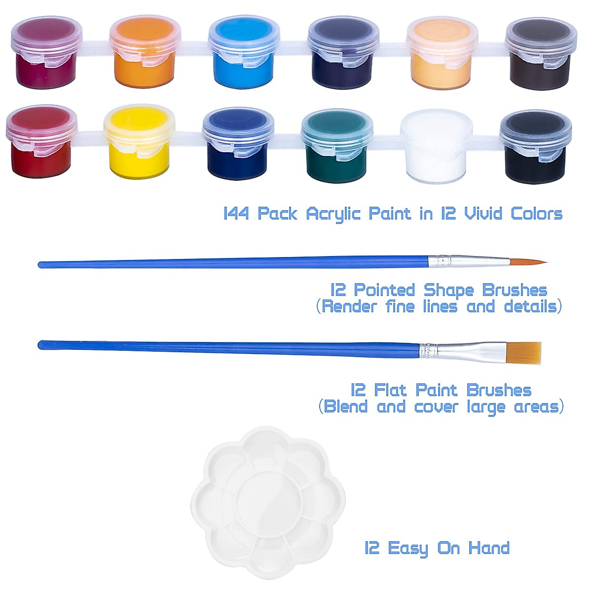 Washable Paint Set for Kids Arts and Crafts, Classroom Painting Supplies, 12 Acrylic Paint Sets of 12 Colors, Mixing Palette, Brushes