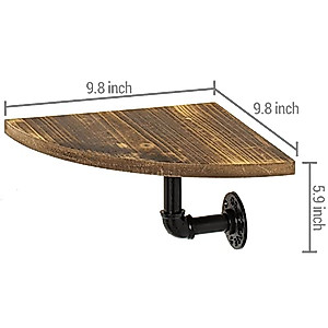 MyGift Wall Mounted Floating Corner Shelves, Rustic Burnt Solid Wood Rounded Corner Shelf with Black Metal Pipe Mounting Brackets, Set of 3