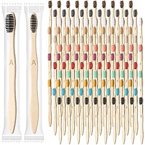 120 Pcs Bamboo Toothbrushes Bulk Soft Bristle Toothbrush Wooden Disposable Travel Toothbrush Bamboo Charcoal Individually Wrapped Toothbrush for Kid Adult Home Travel Use, 7.5 Inch, 12 Colors (Letter)