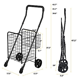 siffler Shopping Cart with 360° Rolling Swivel Wheels for Groceries Utility Shopping Cart with Double Basket Folding Portable Cart Saves Space with Adjustable Handle Height for Grocery Laundry Luggage