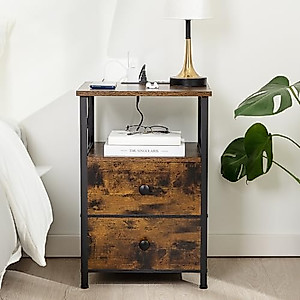AMHANCIBLE End Table Living Room with Charging Station, Side Table with Fabric Drawer, Small Side Table with USB Ports and Outlets for Small Spaces Rustic Brown and Black HET05XBR1