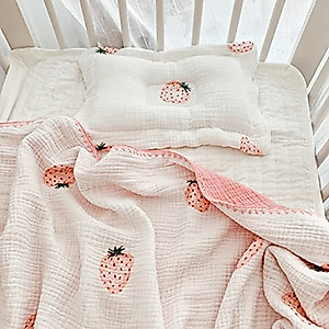 47x59 Extra Large 6 Layer 100% Organic Cotton Super Soft Warm Muslin Baby Swaddle Bed Blanket for Girls Infant Newborn Natural White Color Light Pink Strawberry Fruit Lovely Print Bedding Thick Winter