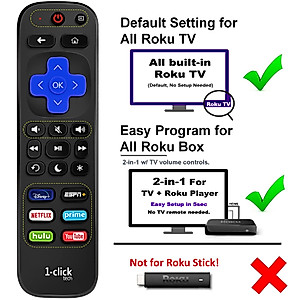 1-ClickTech Remote for Roku TV & Box [2-in-1 w/TV Power+Volume] - Compatible for Roku Express+/+, Ultra, Premiere, Streambar, 4/3/2/1 (Remote + Pine Green Cover)