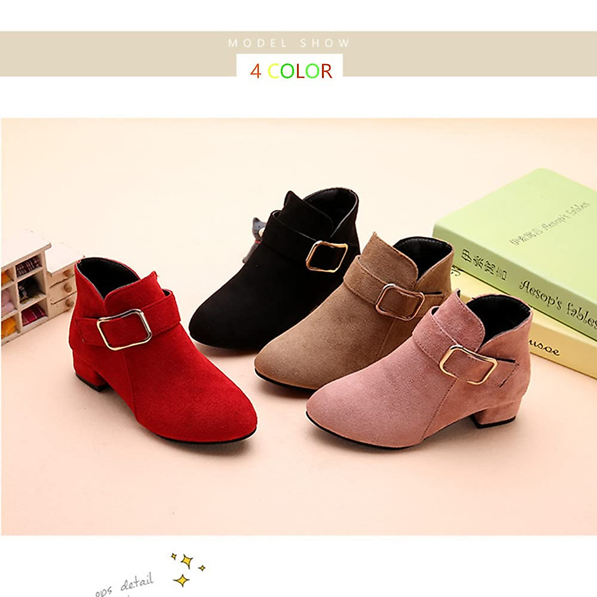 BININBOX Girl Fashion Boots Kids Ankle Boots Low heel Suede Short Booties Winter Warm Snow Boots Anti-Slip Outdoor Shoes for Little Kids/Big Kids(2 M US Big Kid,Black)