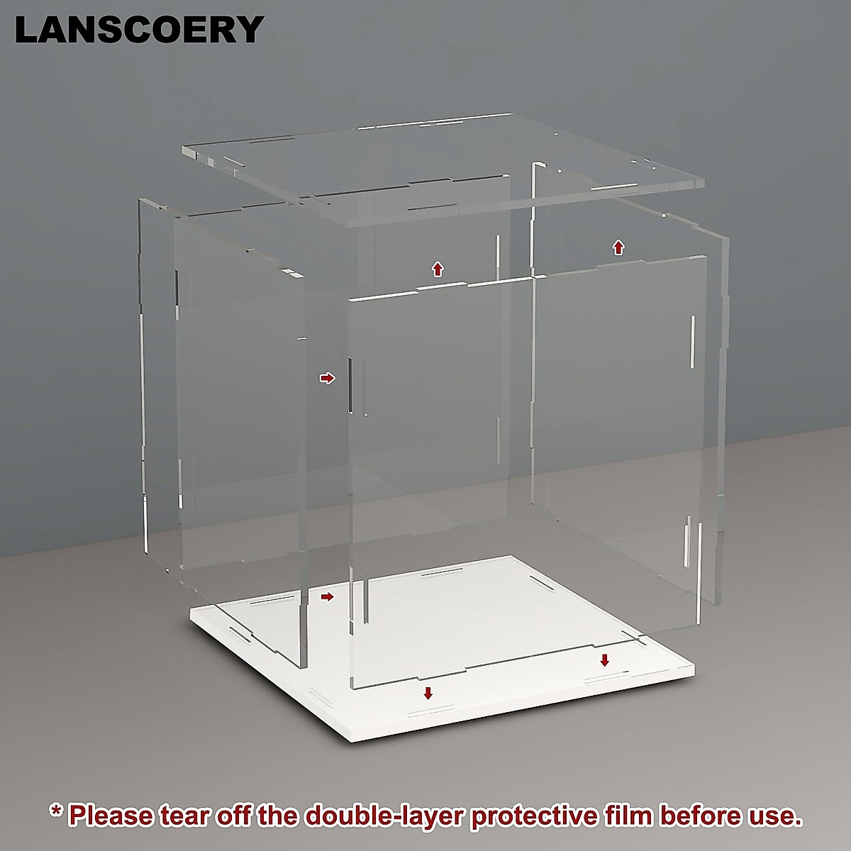LANSCOERY Acrylic Display Case, Assemble Showcase Display Box for Collectibles, with Dustproof & Seamless Display Design, 6x6x6inch White Base