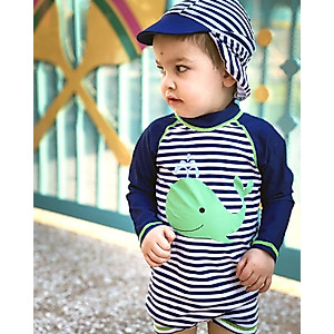 uideazone Infant Boy Blue Striped Swimsuit 3mo Long Sleeve One Piece Rash Guard Bathing Suit with Hat UPF 50+ Sun Protection Swimwear 3-6 Months
