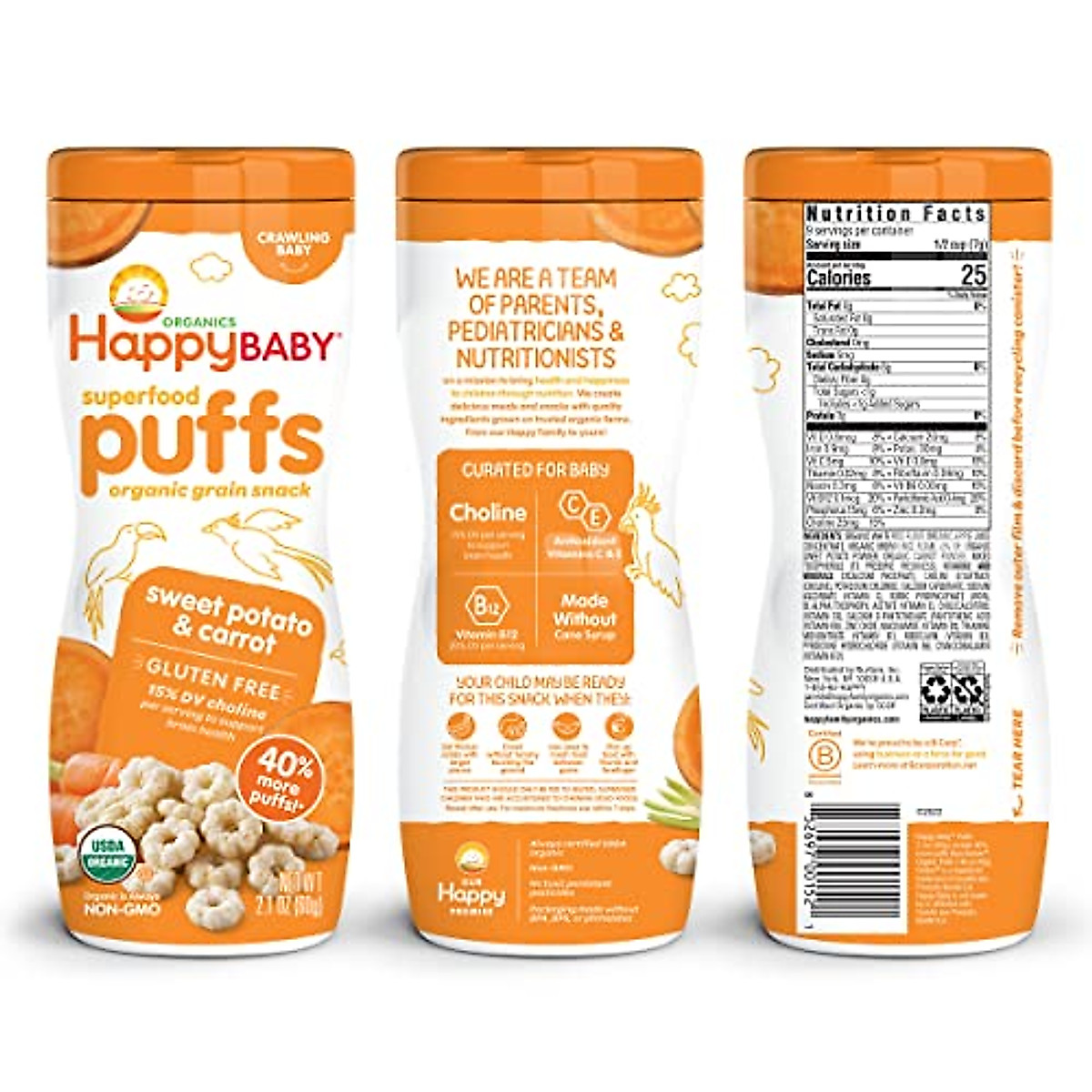 Happy Baby Organic Baby Food Superfood Puffs Sweet Potato & Carrot, 2.1 Ounce Organic Baby or Toddler Snacks, Crunchy Fruit & Veggie Snack, Choline to Support Brain & Eye Health
