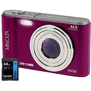 Minolta MND20-M 44 MP / 2.7K Ultra HD Digital Camera Magenta Bundle with Lexar 64GB High-Performance 800x UHS-I SDHC Memory Card Blue Series