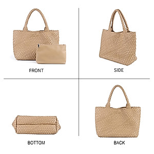 Lmkids Woven Bag for Women, Vegan Leather Tote Bag Large Summer Beach Travel Handbag and Purse Retro Handmade Shoulder Bag (Khaki)