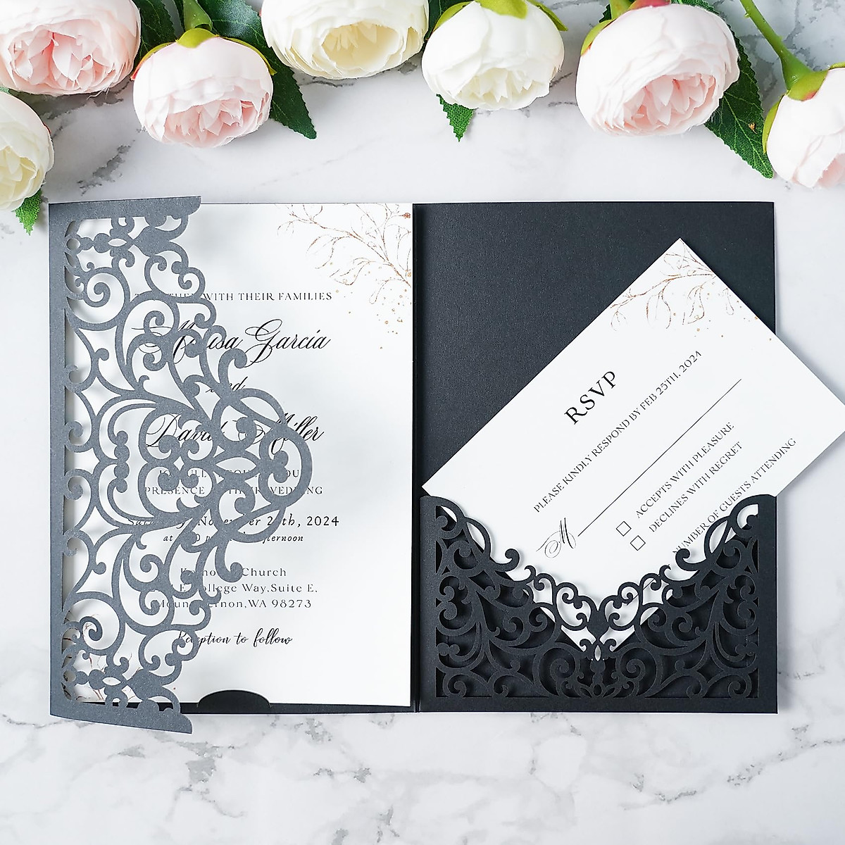ponatia 20PCS Black Laser Cut Wedding Invitations Pockets, Tri-fold 5x7 Laser Cut Invitation Pockets for Wedding Bridal Shower Quinceanera 15 Anos Invite (No Envelopes & Inner Sheets)