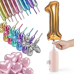 Electric Magic Balloon Pump, Electric Air Inflator Party Air Blower Pump with 1 Nozzle 1 Balloon Cutter and 10 Pcs Long Balloons,Great for Twisty Curly Balloon, Foil Balloons (Pink)
