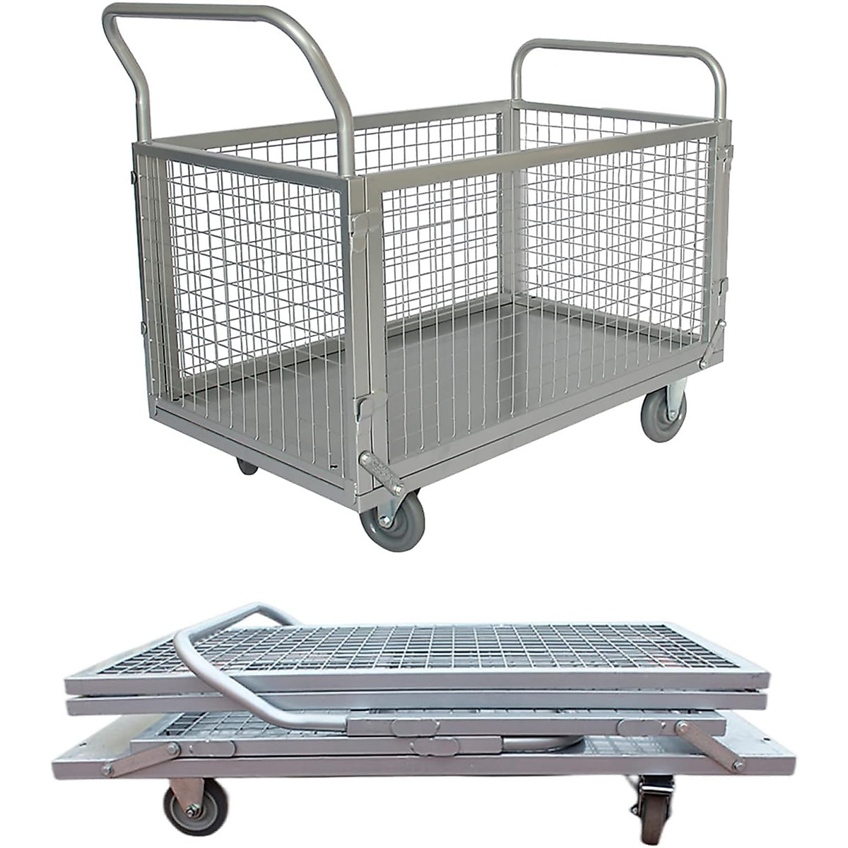 BaiYouMei Platform Truck Cart with Cage,4in1 Foldable Hand Truck Flat Cart 39"x24" Heavy Duty Push Cart Dolly, Load 1000lbs Large Flatbed Hand Truck Cart for Grocery, Laundry, Shelving, Storage