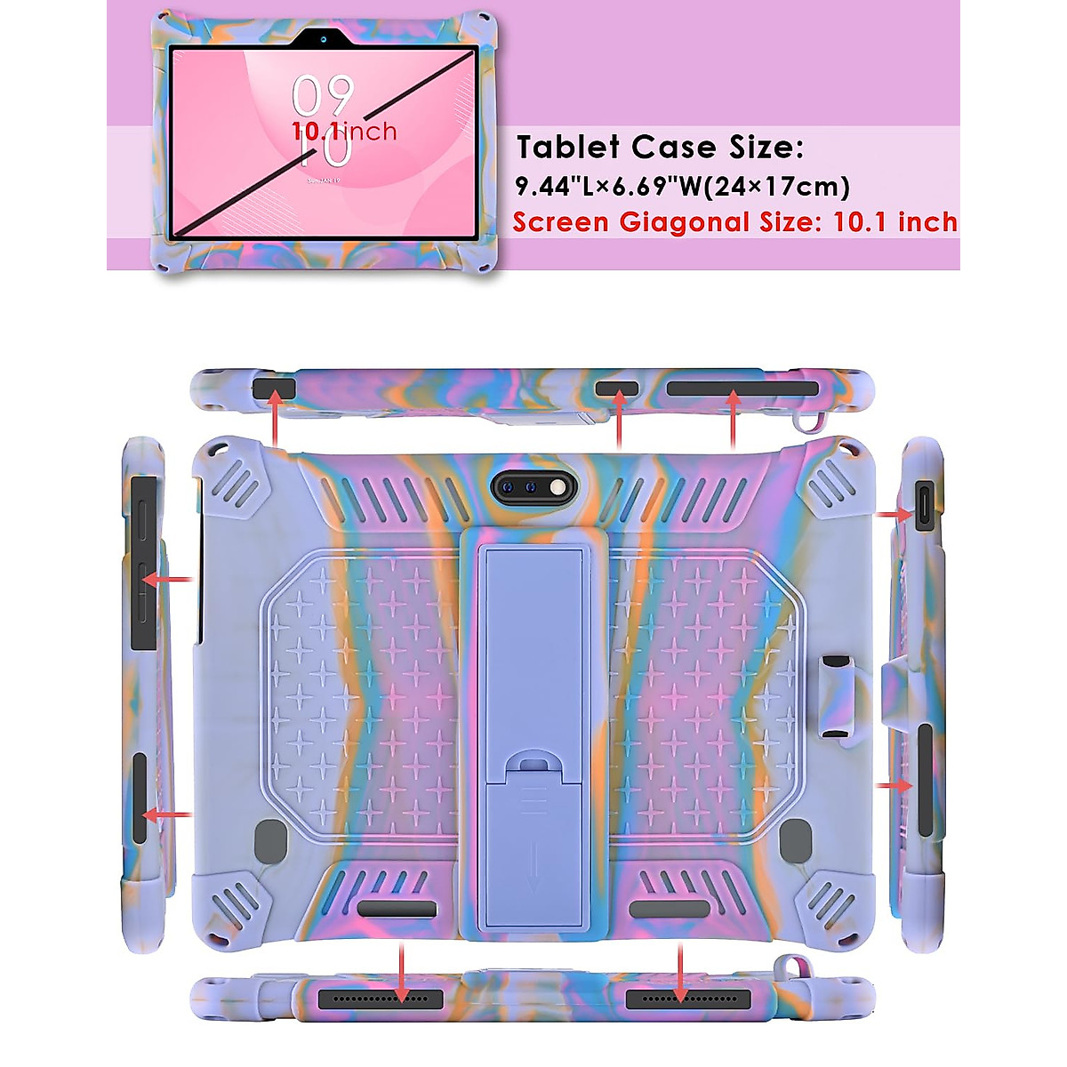 DETUOSI Case for YELLYOUTH 10.1 Tablet, Soft Silicone Lightweight Case Compatible with Dragon Touch Notepad K10, ZONKO 10.1, Beyond Tab 10.1, with Stylus Pen and Shoulder Strap, Rose Red & Purple