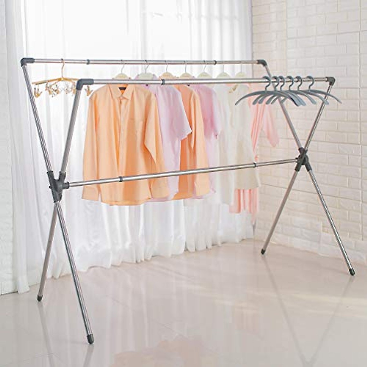 BAOYOUNI Double Poles Folding Clothes Drying Rack Stainless Steel Expandable Rods Space Saving Retractable Heavy Duty Garment Hanger Rail 37'' to 66'', Grey