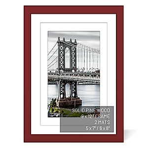 UHFWIFR 9x12 Picture Frames Solid Wood Display Pictures 6x8 or 5x7 with Mat or 9x12 Frame without Mat Poster Photo Frame Art with 2 Mats for Wall Mounting or Table Top(Red)