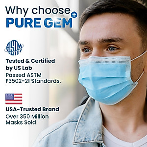 PURE GEM [Pack of 100] Single Use Disposable Blue Face Mask, Soft on Skin, Pack of 3-Ply Masks Facial Cover with Elastic Earloops Great For Home, Office, School, and Outdoors