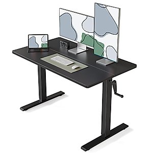FEZIBO Crank Height Adjustable Desk, 48 Inches Manual Standing Desk, Writing Table with Handle, Home Office Desk with Black Frame/Black Table Top