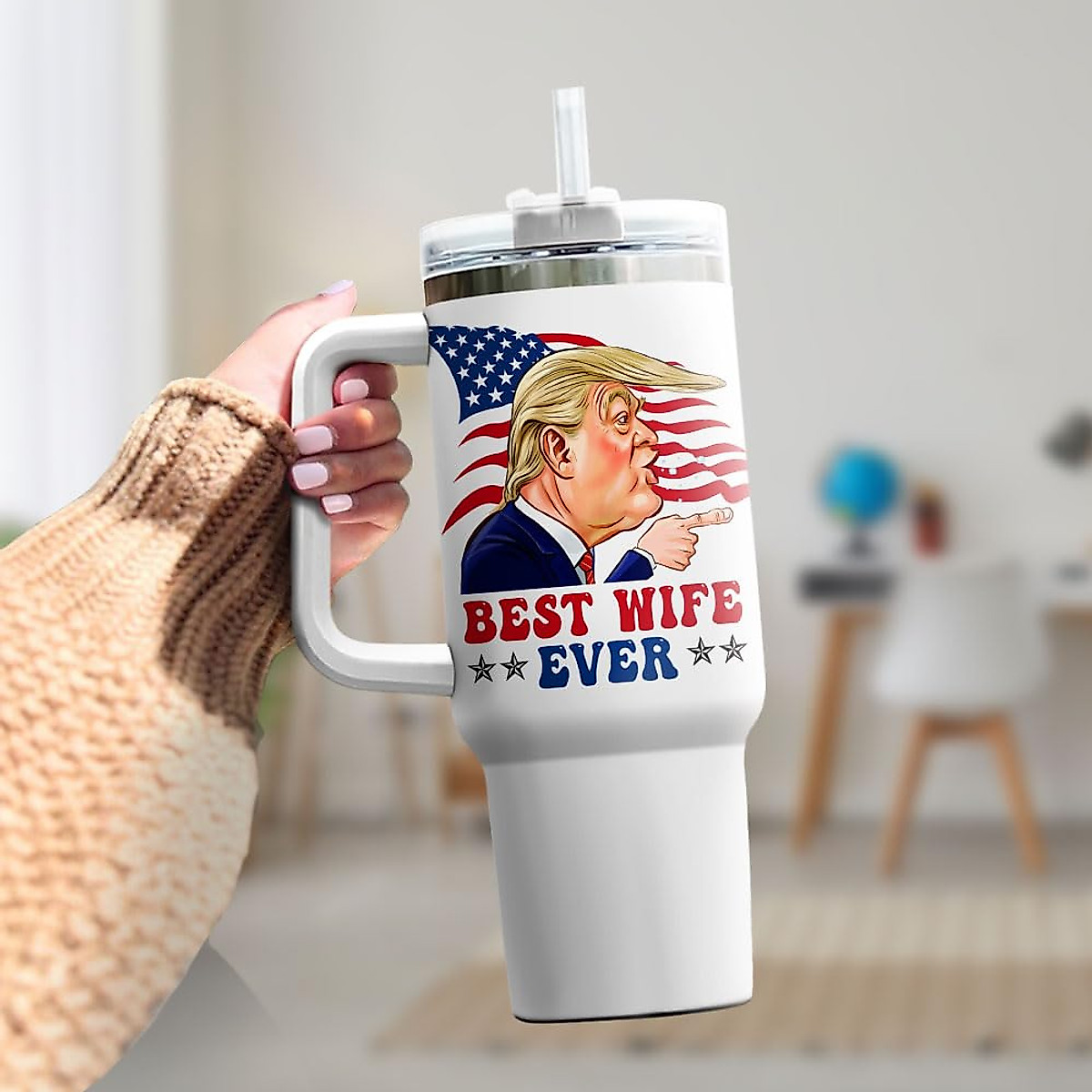 9GIFT4YOU Trump Best Wife Ever Tumbler 40 Oz With Handle, Lid and Straw - American Insulated Cup for Hot and Cold Drinks