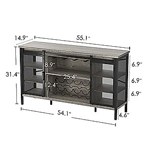 QNICE Industrial Wine Bar Cabinet / 55" Sliding Barn Door Coffee Bar Cabinet/Farmhouse Bar Cabinet with Wine Rack/Dark Rustic Oak/Easy Assembly