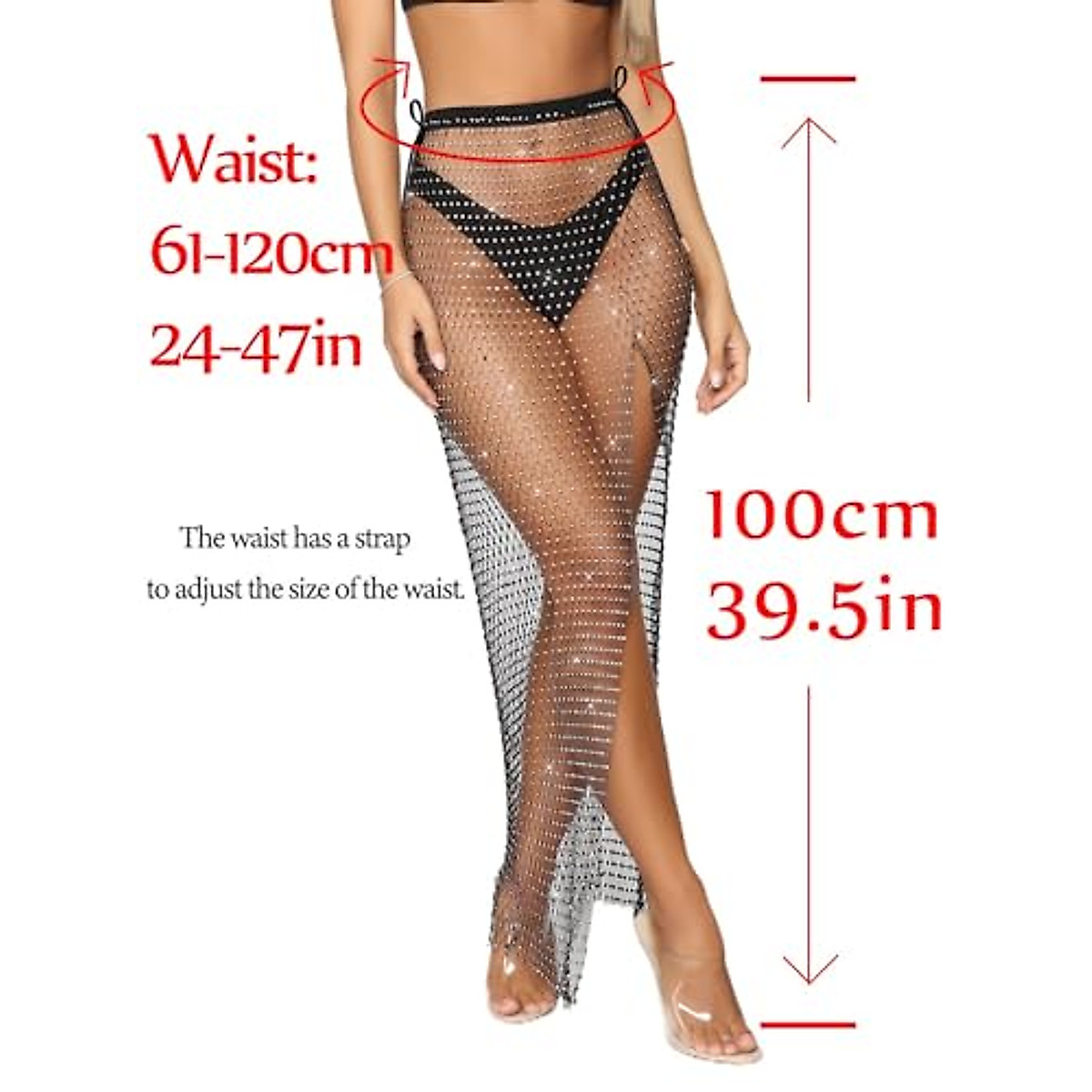 Lorealri Crystal Mesh Skirt Black Rhinestone Fishnet Cover Up Skirt Split See Through Dress Swimsuit Night Club Coachella Outfits Belly Accessories Jewelry for Women and Girls