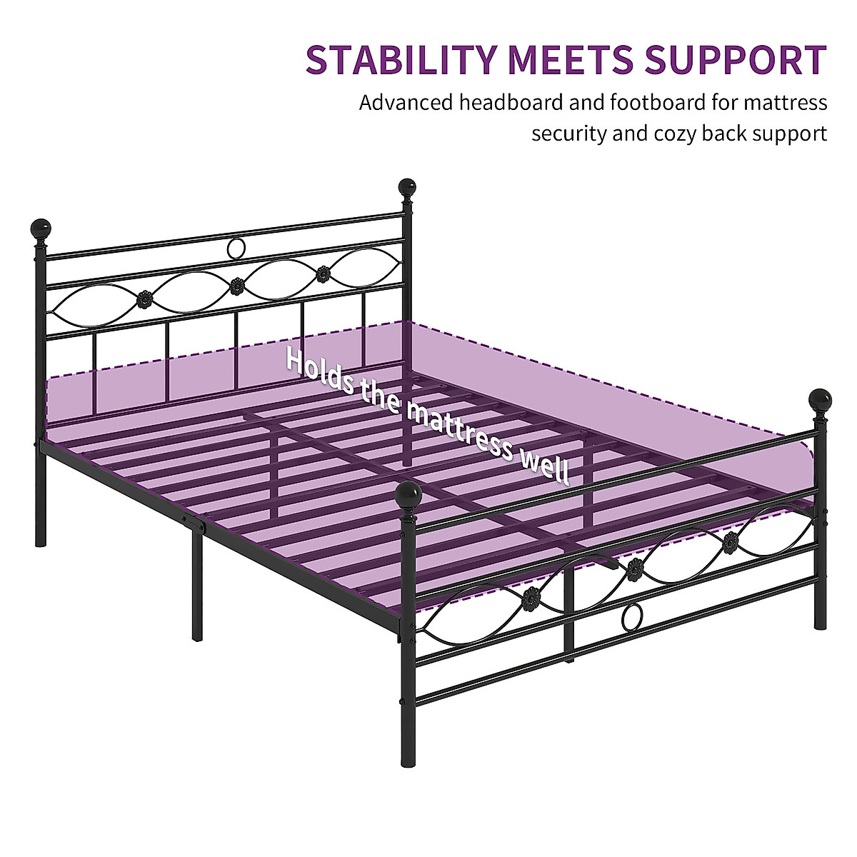 DWVO Queen Size Metal Platform Bed Frame with Headboard and Footboard, 14"H Black Queen Bed Frame with Steel Slat Support, Bedroom Mattress Foundation, No Box Spring Needed, Load Bearing up to 700lbs