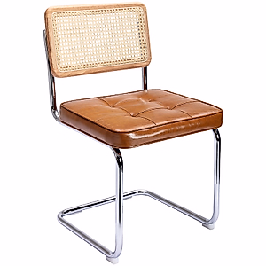 Zesthouse Natural Rattan Dining Chairs Set of 2, Modern Dining Room Chairs with Solid Wood Back for Kitchen Living Room, Mid Century Breuer Design Inspired, Upholstered Faux Leather Brown