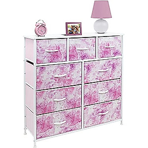 Sorbus Kids Dresser with 9 Drawers - Furniture Storage Chest Tower Unit for Bedroom, Hallway, Closet, Office Organization - Steel Frame, Wood Top, Tie-dye Fabric Bins (Pink, Tie-dye)