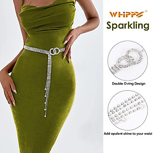 WHIPPY Women Rhinestone Belt Silver Shiny Diamond Fashion Crystal Ladies Double O-Ring Waist Belt for Dresses