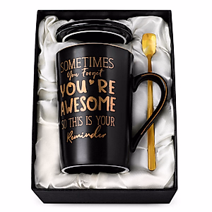Christmas Birthday Thank You Gifts for Men, Sometimes You Forget You're Awesome - 14oz Unique Black Ceramic Inspirational Mug with Gold Print, Present for Boyfriend Husband Employee, Nice Gift Boxed