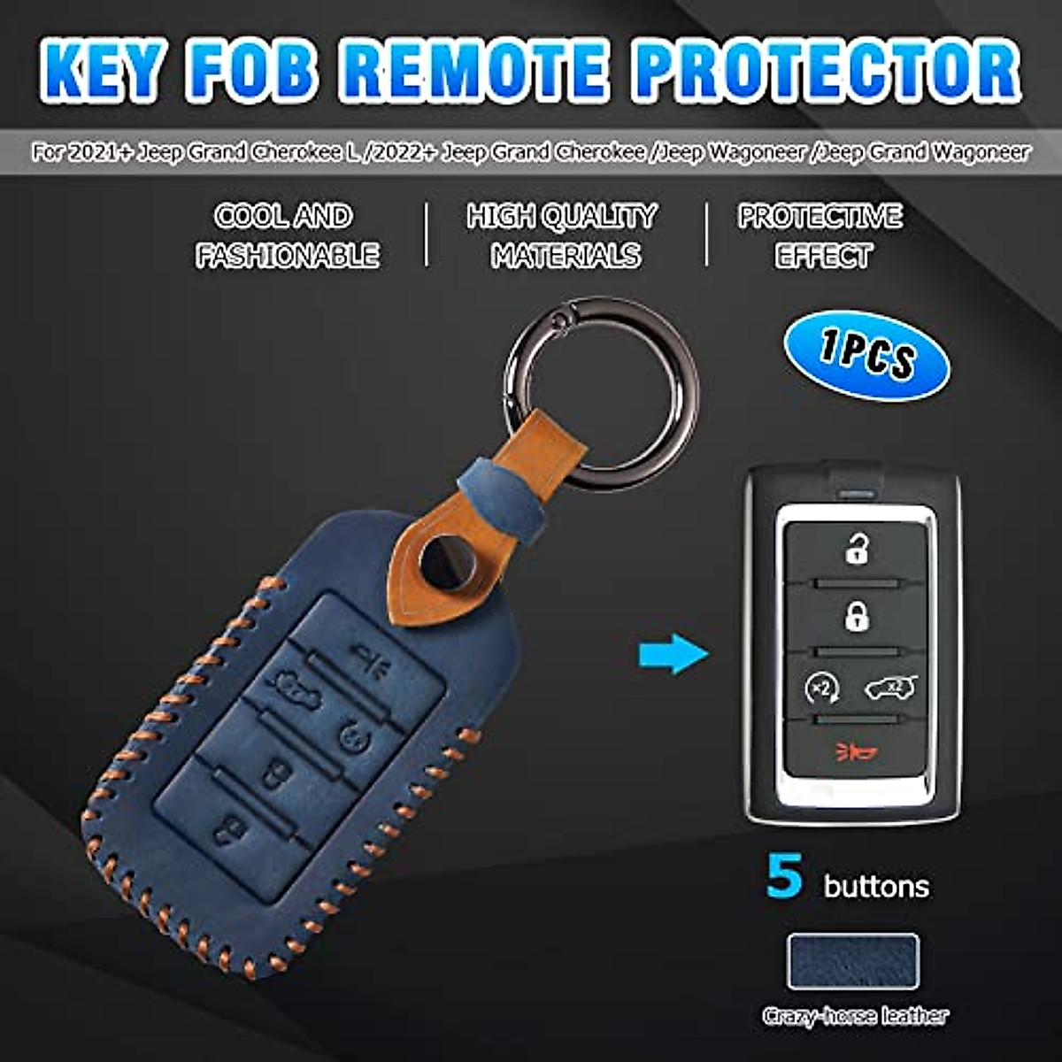 Canvcle Key Fob Cover for 2021 2022 2023 Jeep Grand Cherokee/Grand Cherokee L/Wagoneer/Grand Wagoneer Accessories Key Cover Leather Blue 5 Button 1PCS