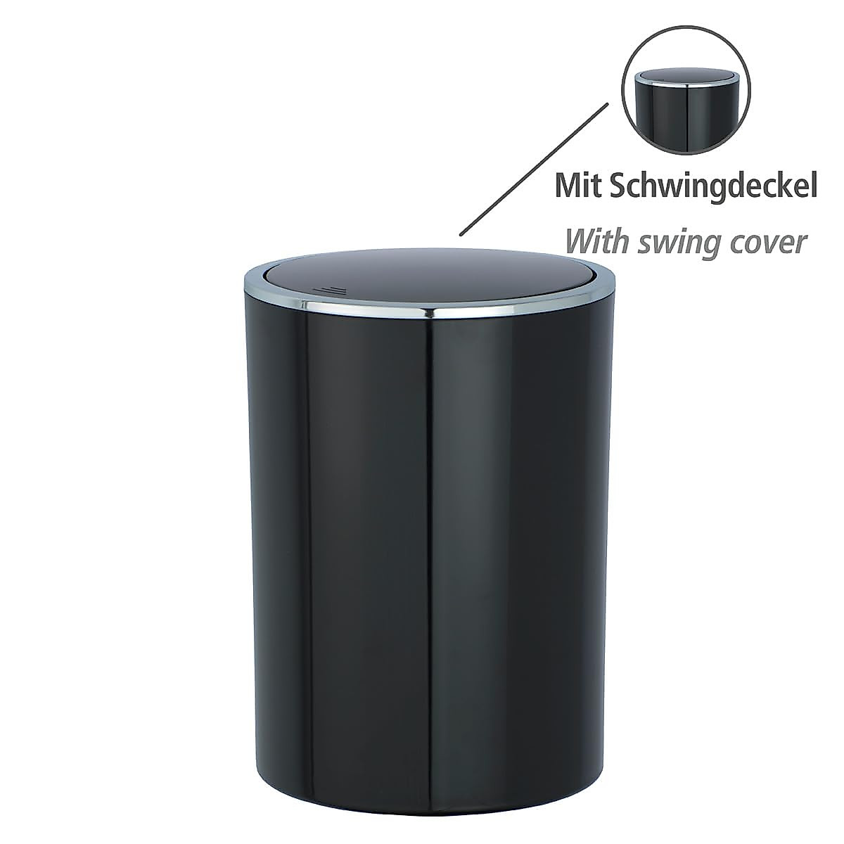 WENKO Inca Trash Can with Lid, Waste Bin with Swing Lid, Small Trash Can, Mini Trash Can, Small Garbage Can, Small Waste Basket, 1.3 Gal, Ø 7.28 x 10.04 in, Black