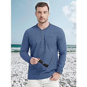 MAGCOMSEN Summer Casual Shirts for Men Henley Shirts Long Sleeve Button Down Shirts Work Henley Shirts with Pocket Blue Grey,XL