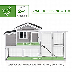PawHut 76" Wooden Chicken Coop, Outdoor Chicken House Poultry Hen Cage with Outdoor Run, Nesting Box, Removable Tray and Lockable Doors, Grey