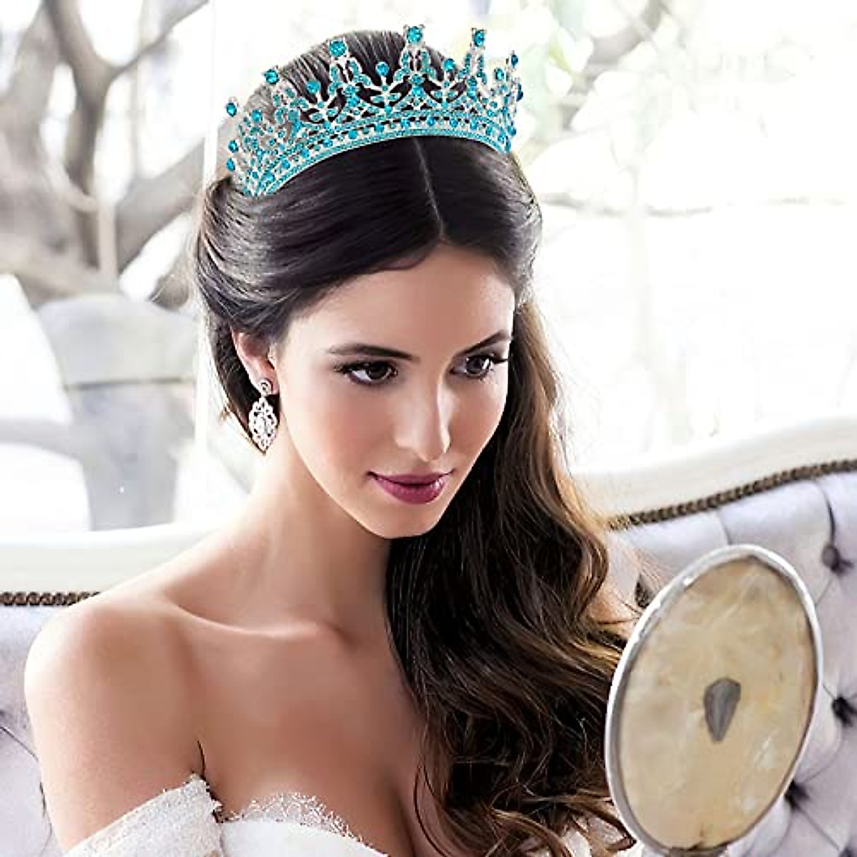 Makone Silver Lake Blue Tiara for Girls, Crown with Comb for Women Birthday Bridal Wedding Prom Halloween Costume Christmas Party