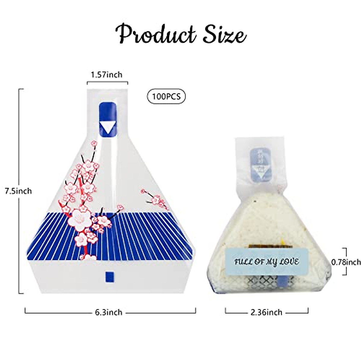 BRATA Triangle Onigiri Wrappers Plastic Rice Balls Bags, 100PCS Japanese Easy Tear Disposable Onigiri baggies with Stickers