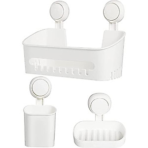 Uten Shower Caddy without Drilling & Soap Dish Suction Cup & Toothbrush Holder, 3-in-1 Bathroom Shelves Set Made of Plastic, Reusable for Kitchen, Bathroom, Living Room, White