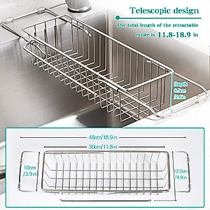 YQh Kitchen Sponge Holder, Sink Caddy，Sink Storage Rack Holder Adjustable，Over Sink Expandable(11.8''-18.9'') Brush Soap Storage Rack，Rust Proof Water Proof, No Drilling- Stainless Steel