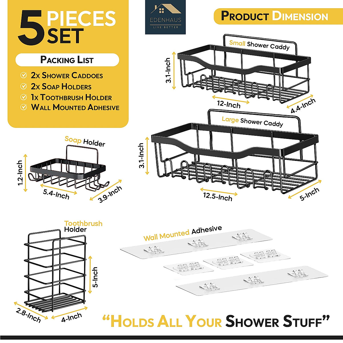 Shower Caddy Set of 5 – 2 Large Stainless Steel Shower Racks with 20 Hooks, 2 Soap Holders & 1 Toothbrush Holder