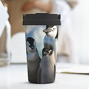 Reusable Coffee Mug with Lid and Handle, Penguin Parents and Chicks Antarctica Large Tumbler for Hot & Cold Drinks 16oz Stainless Steel Insulated Coffee Tumblers Double Wall Vacuum Thermal Cup