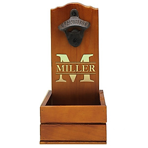 Customized and Engraved Wooden Wall Mounted Beer Soda Bottle Opener with Built in Cap Catcher - Classic Style (Red/Brown)