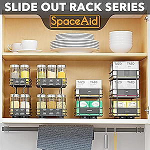 SpaceAid Pull Out Tea Bag Organizer Rack for Cabinet, Heavy Duty Slide Out Teabag Organizer for Kitchen Cabinets, with 70 Labels and Chalk Marker, 5.6"W x10.6"D x 6.6"H, 1 Drawer 2-Tier, Black