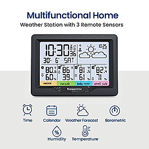Newentor Weather Station Wireless Indoor Outdoor Multiple Sensors, Digital Atomic Clock Weather Thermometer, Temperature and Humidity Monitor, Forecast Weather Station with Backlight, Black