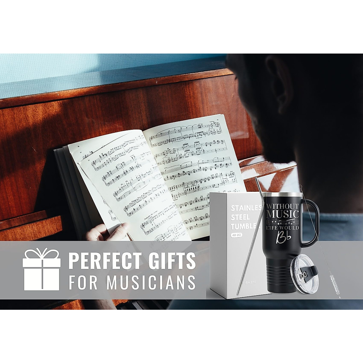 Onebttl Music Lover Gifts For Men, Women - Without Music Life Would B Flat - 40oz/1180ml Stainless Steel Insulated Tumbler with Handle, Straw & Lid - Musician Gifts, Musical Lovers Gift (Black)