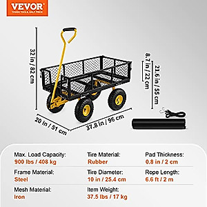 VEVOR Steel Garden Cart, Heavy Duty 900 lbs Capacity, with Removable Mesh Sides to Convert into Flatbed, Utility Metal Wagon with 180° Rotating Handle and 10 in Tires, Perfect for Garden, Farm, Yard