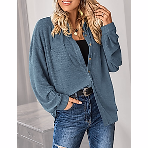 HOTOUCH Waffle Knit Shacket Womens Button Down Shirts Casual Long Sleeve V Neck Button up Blouse Clear Blue S