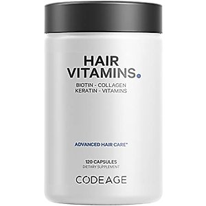 Codeage Hair Vitamins 10000 mcg Biotin, Keratin, Collagen, Vitamin A, B12, C, D3, E, Zinc, Inositol - Hair Care Support for Strength, Thickness Growth - Healthy Hair Supplement Pills - 120 Capsules