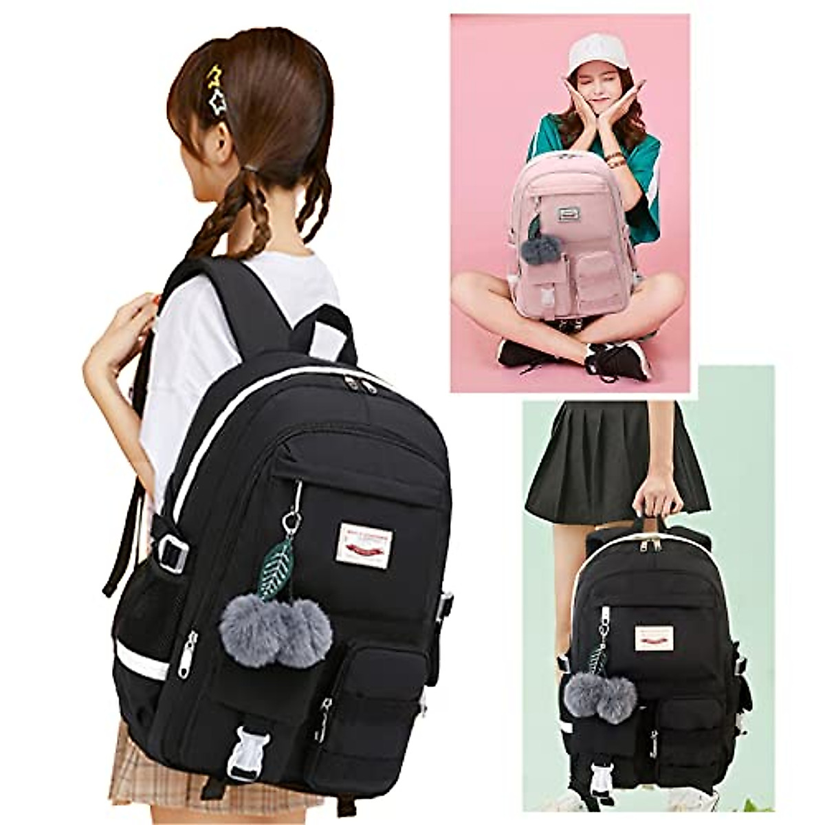 Oslimea Laptop Backpacks for Teen Girls, Aesthetic Backpack for College Middle School, School Bag Anti Theft Travel Daypack Large Bookbags for Women, Black