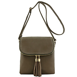 Flap Top Double Compartment Crossbody Bag with Tassel Accent (Stone)