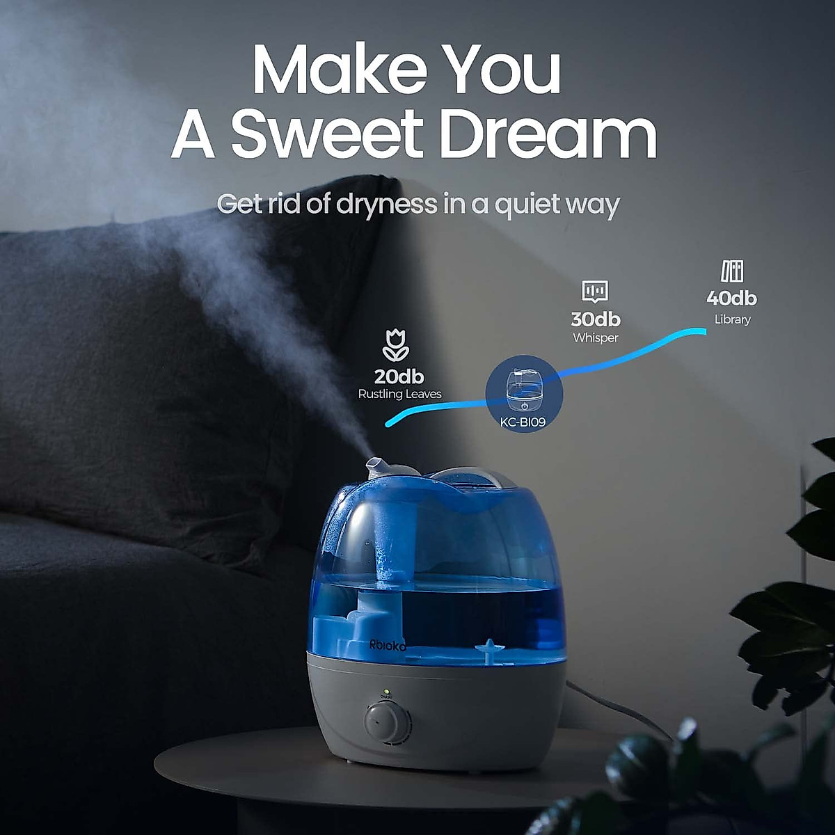 Rbioko 2.6L Cool Mist Humidifiers for Bedroom Whisper Quiet, Ultrasonic Vaporizer for Baby & Nursery, Indoor Plants & Whole House -Adjustable 360 Rotation Nozzle, Easy to Clean, Auto-Shut Off
