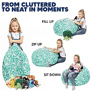 5 STARS UNITED Stuffed Animal Storage Bean Bag – Toy Storage Organizer and Bean Bag Chair for Kids Holds up to 90+ Plush Toys – Cotton Canvas Bags Cover for Boys and Girls Ages 4-11, Mint Roses